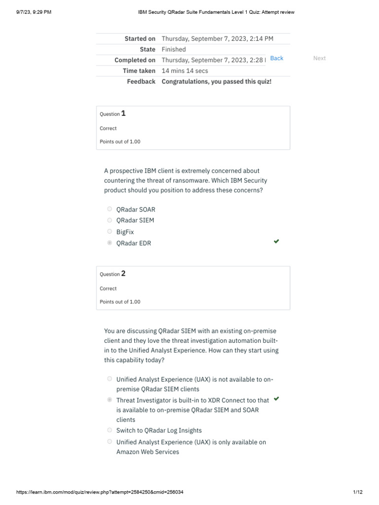 IBM Security QRadar Suite Fundamentals Level 1 Quiz - Attempt Review ...