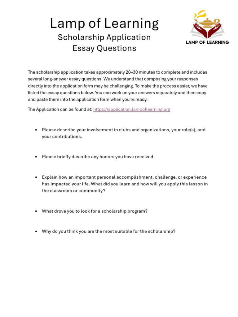 Lamp of Learning Scholarship Essay Guide | PDF