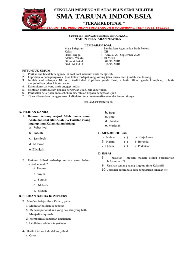 Soal STS Pai Kelas 12 Semester 2 | PDF