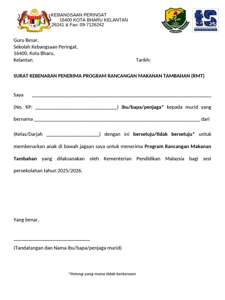 SURAT KEBENARAN PENERIMA RMT | PDF