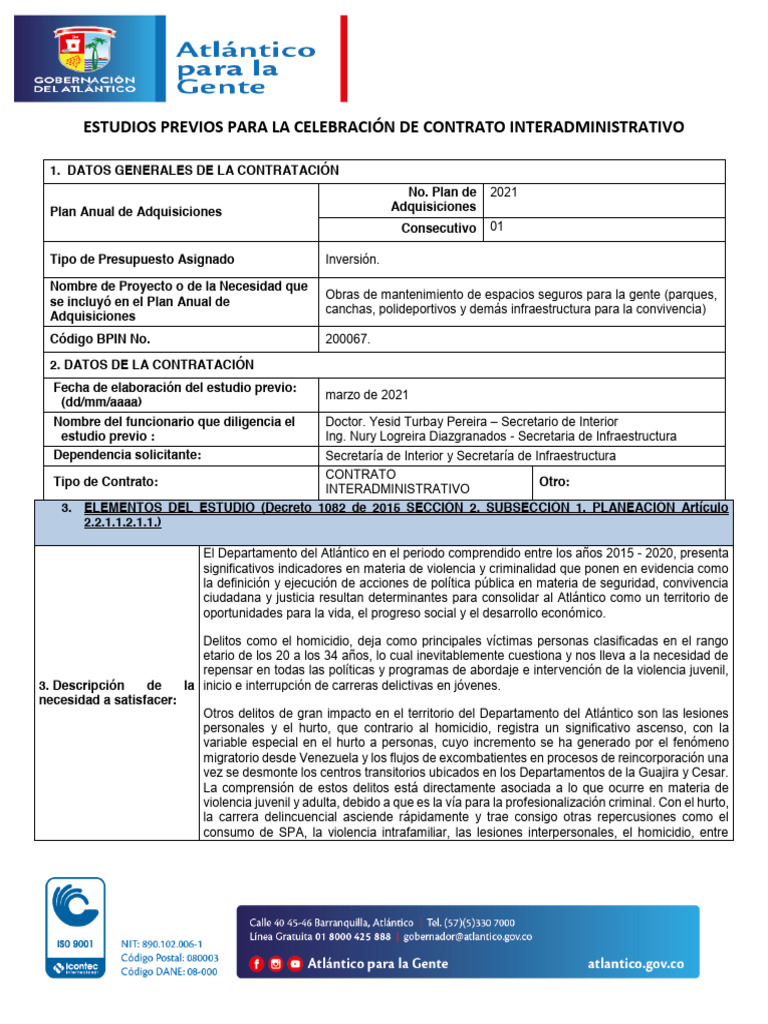Estudio Previo Contrato Interadministrativo Parque | PDF | Valores ...