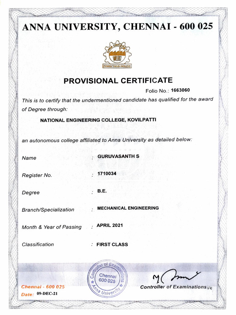 Anna University Provisional Certificate | PDF