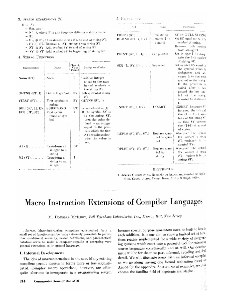 Macro Instruction Extensions of Compiler Languages (Douglas McIlroy) (1960) | PDF | Macro ...