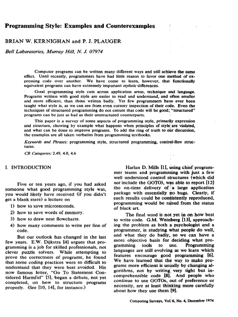 Programming Style - Examples and Counterexamples [Brian W. Kernighan, P. J. Plauger] (1979 ...