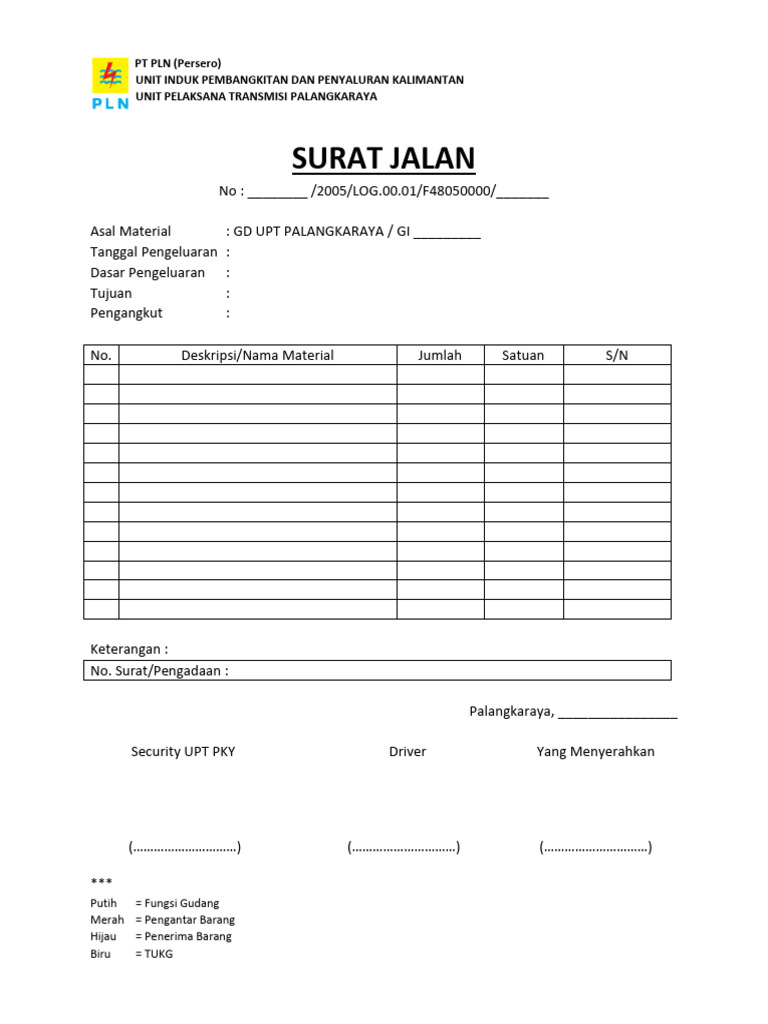 Surat Jalan Material PLN Kalimantan | PDF