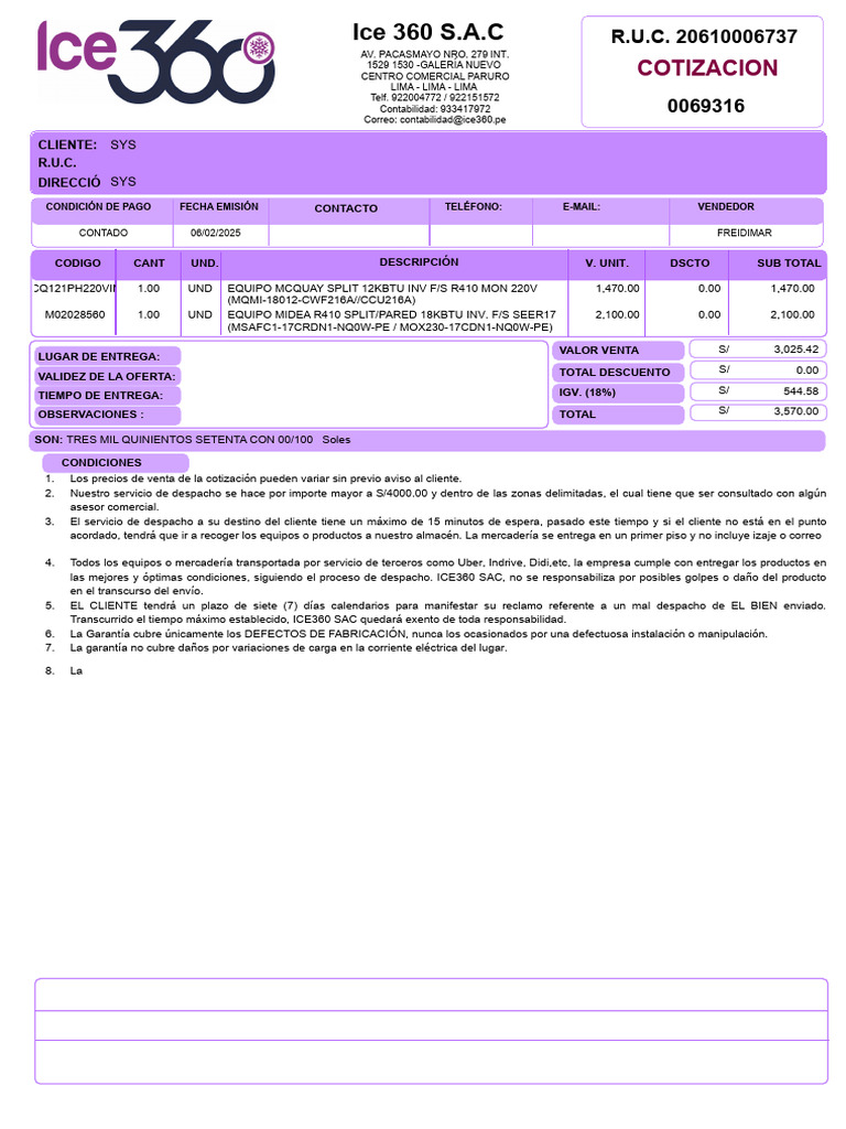 Cotización Equipos de Aire Acondicionado | PDF