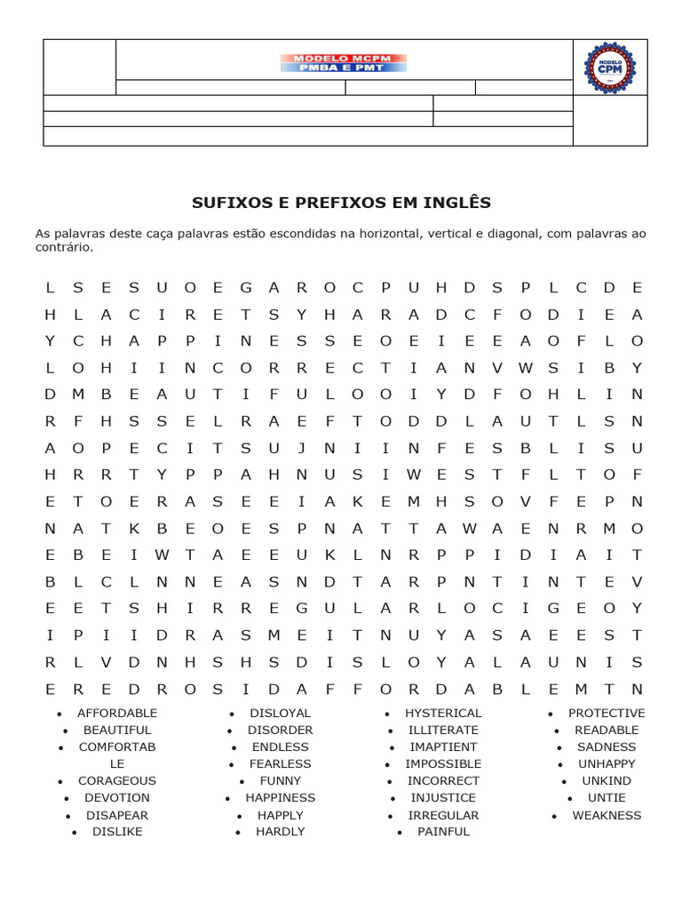 Atividade de Sufixo e Prefixos em Inglês Iii | PDF | Linguística