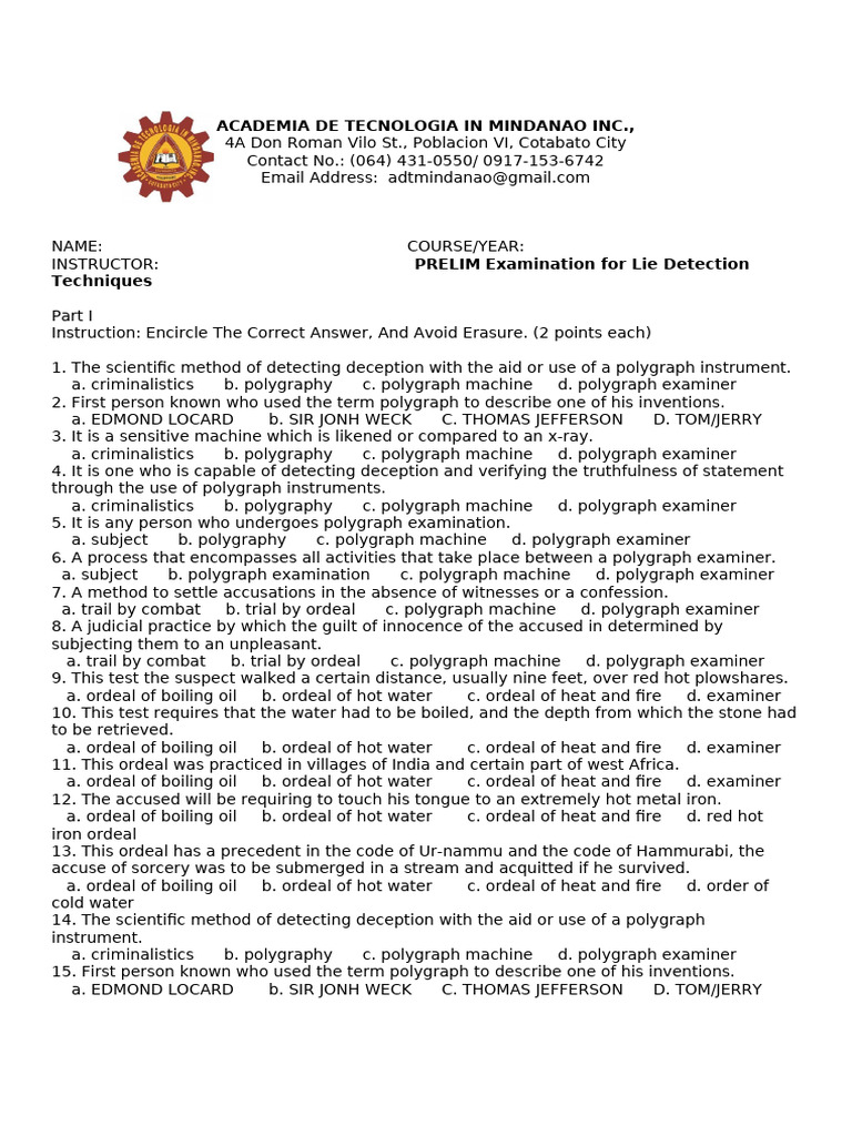 Exam Lie Detection Techniques | PDF | Polygraph | Forensic Science