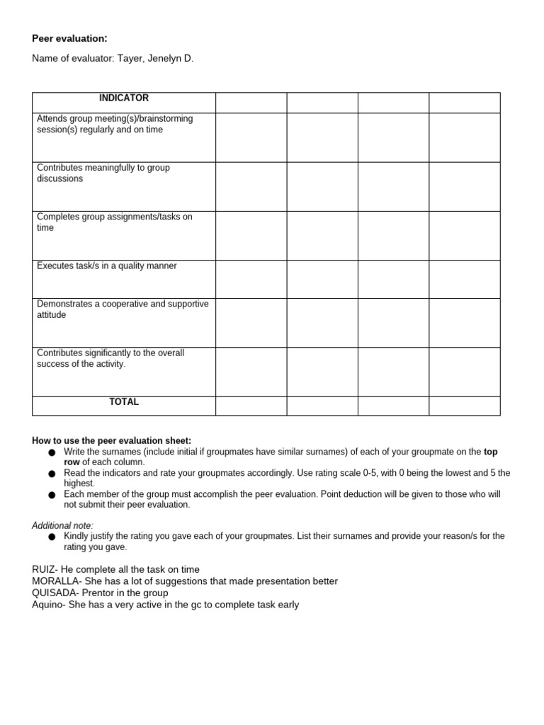 Peer Evaluation Form for Group Work | PDF