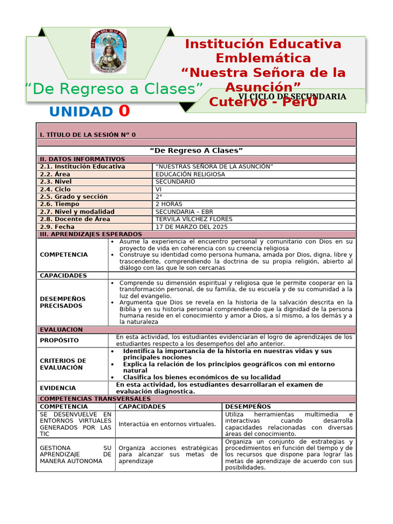 2° Ses Act 0 - Religion 2024 | PDF | Enseñando | Aprendizaje