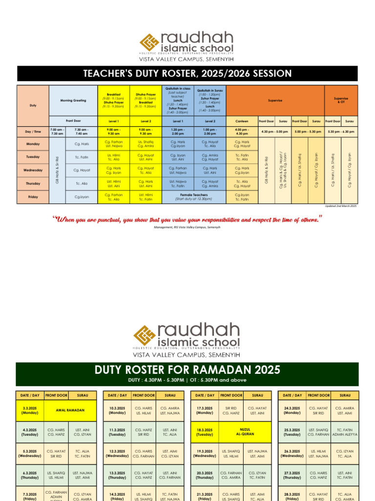 Teacher's Duty Roster Riss 2025 | PDF