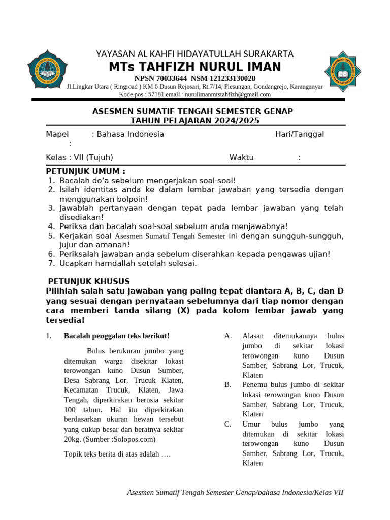 Soal Asts Bindo Kls Vii 2025 | PDF