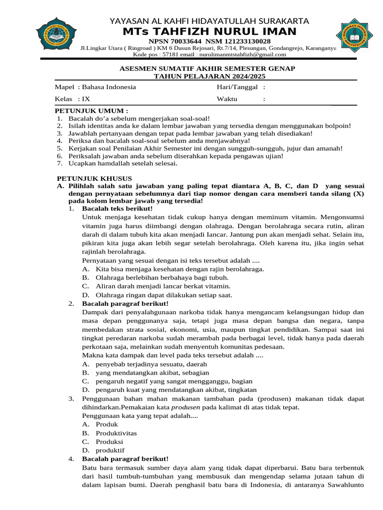 Soal Asat Bindo Kls Ix 2025 | PDF