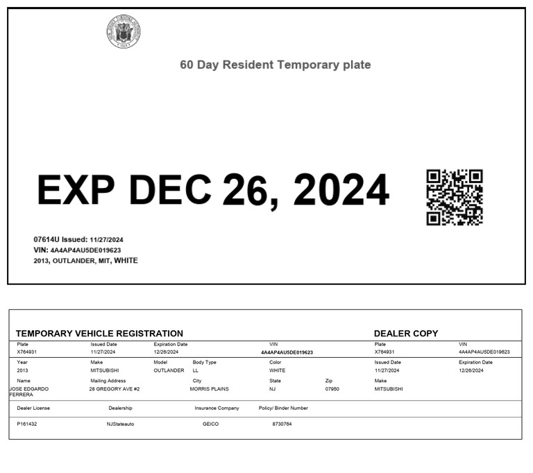 NJ 60-Day Temporary Vehicle Registration | PDF