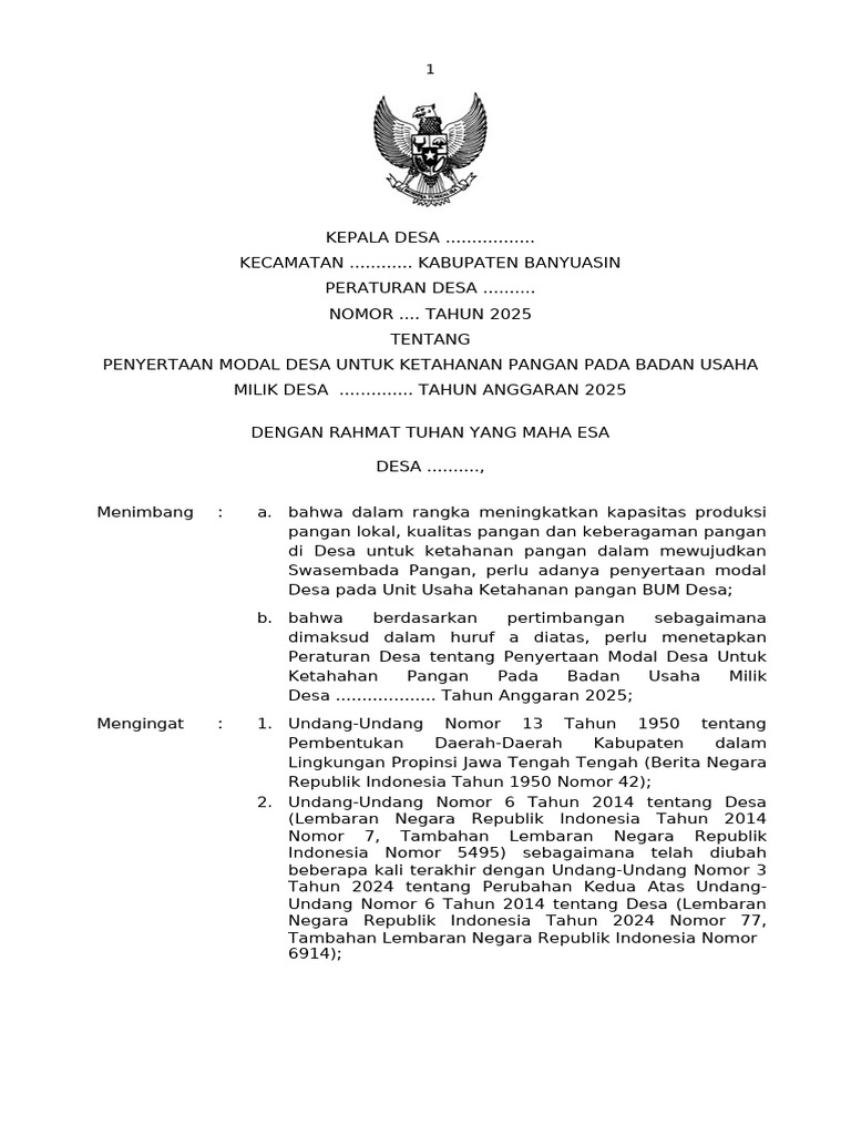 Perdes Penyertaan Modal Bumdes 2025 | PDF
