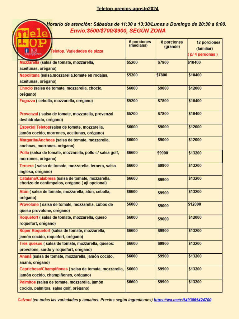 Teletop Precios Agosto2024 | PDF | Pizza | Cocina