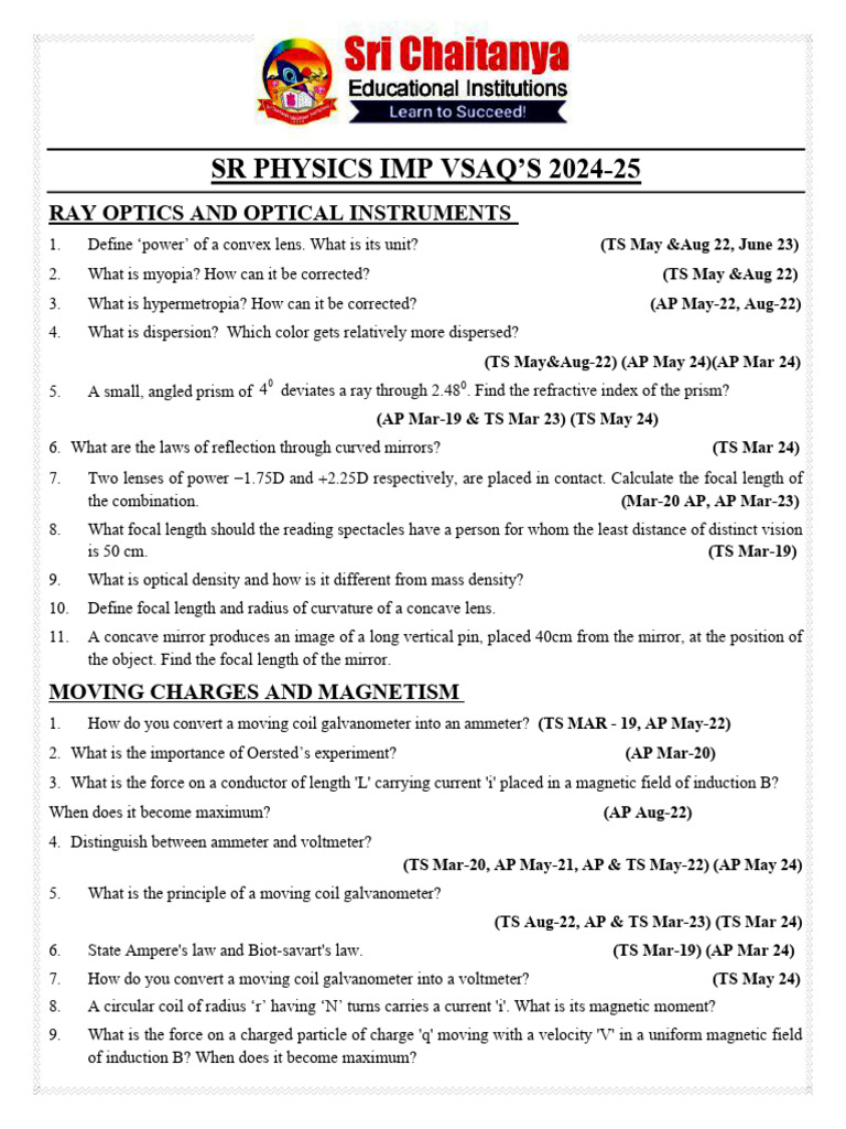 SR Physics Imp Vsaq's 2024-25. | PDF | P–N Junction | Electromagnetic Radiation