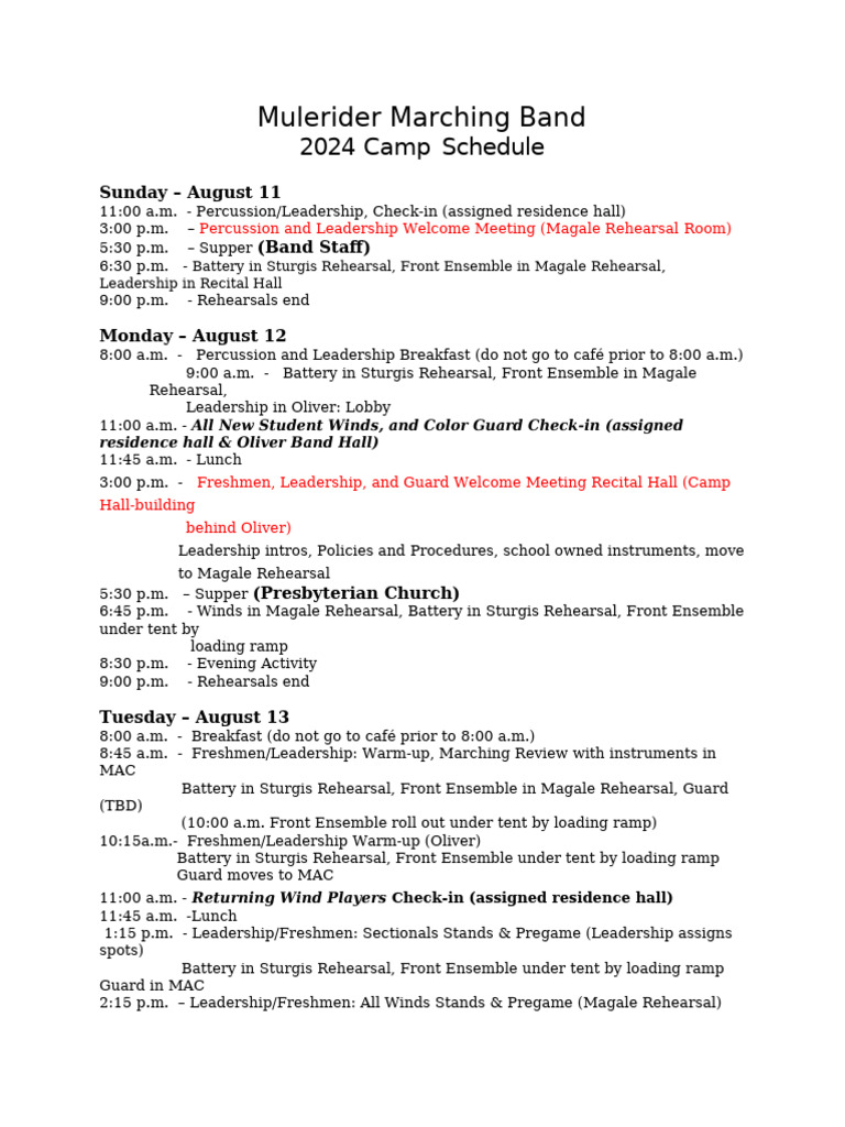 MMB Camp Schedule Students | PDF | Musical Instruments | Aerophones