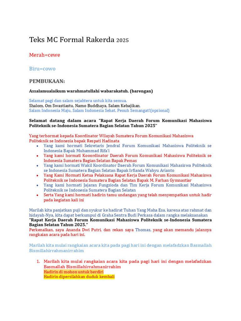 Teks MC Formal Rakerda 2025 | PDF