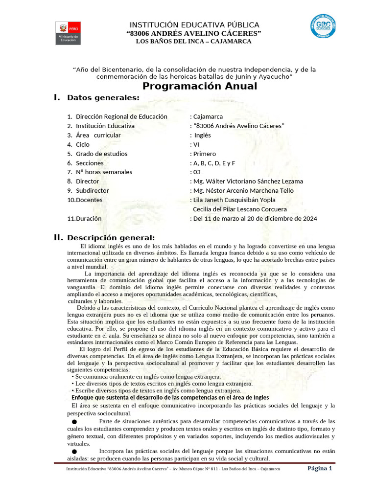 Programación Anual - 1RO New | PDF | Segundo lenguaje | Enseñando