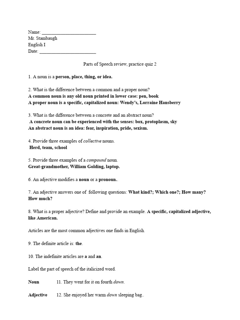 Parts of Speech Review Quiz - All - ANSWER KEY | PDF | Adverb | Part Of ...