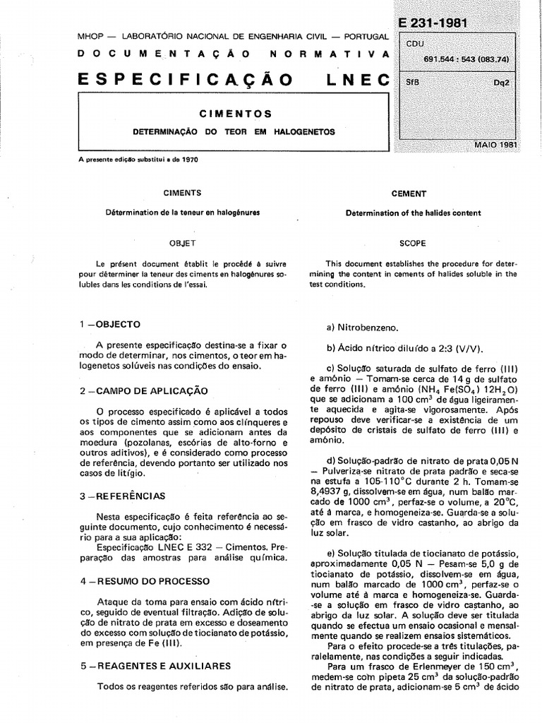 LNEC E 231 - 1981 - Cimentos - Halogenetos | PDF