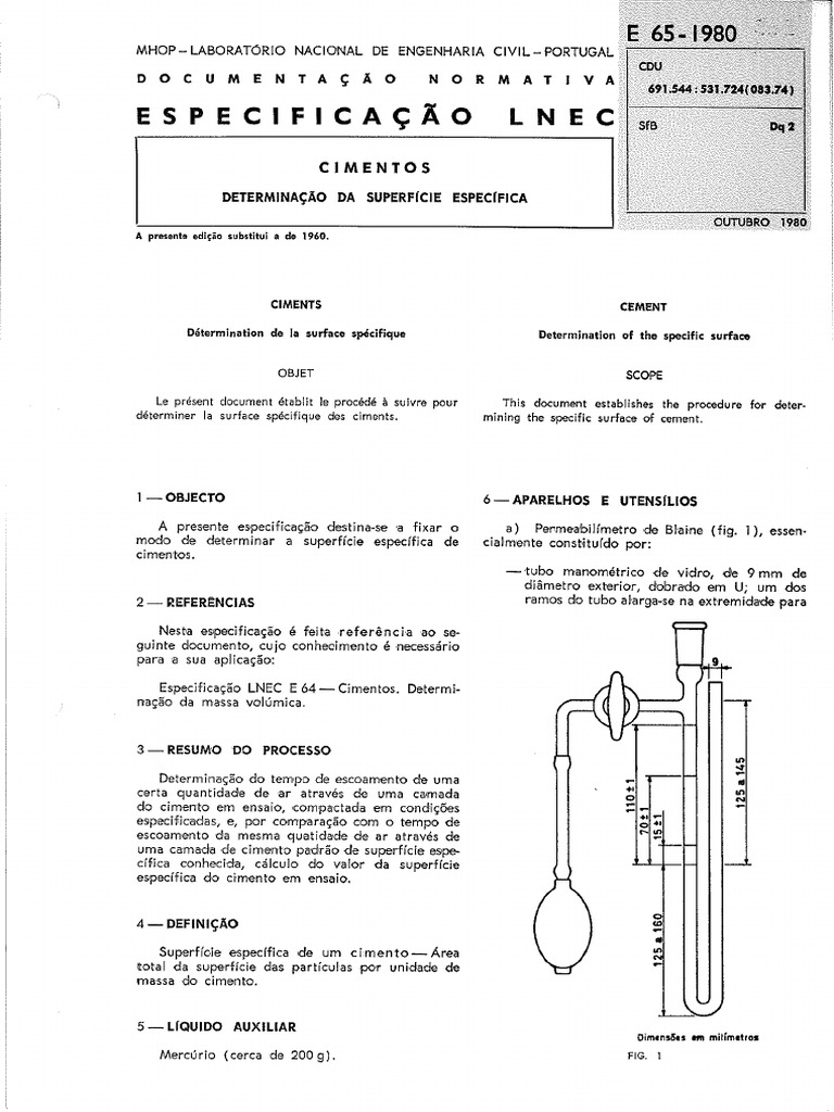 LNEC E 65 1980 Cimentos Sup Específica | PDF