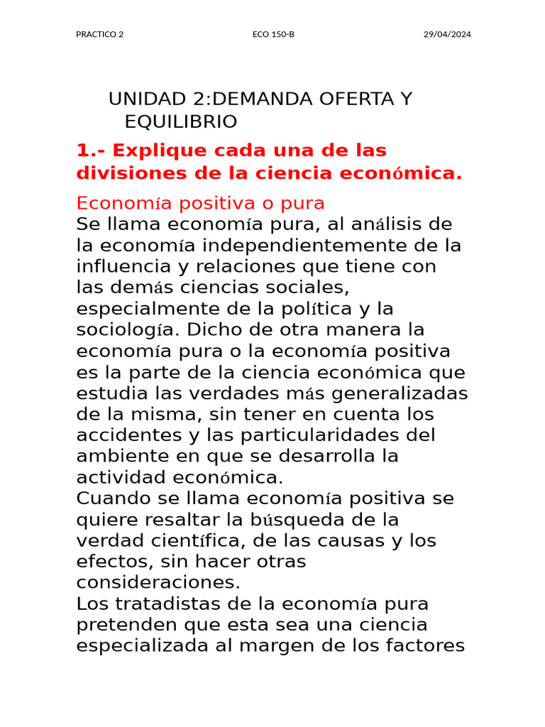 1.-Explique Cada Una de Las Divisiones de La Ciencia Econ Mica | PDF | Macroeconómica | Oferta ...