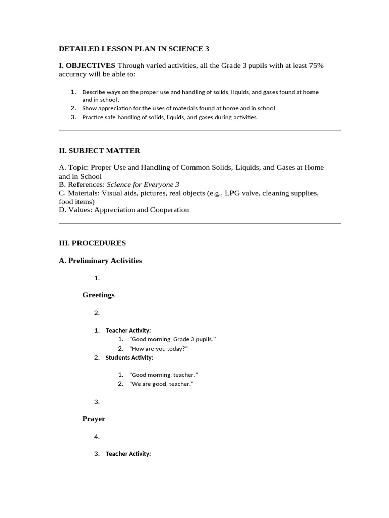 Grade 3 Science Lesson Plan: Material Safety | PDF | Lesson Plan | Liquids
