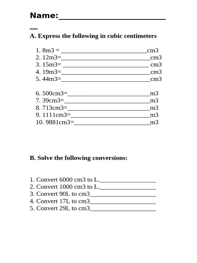 Express The Following in Cubic Centimeters | PDF