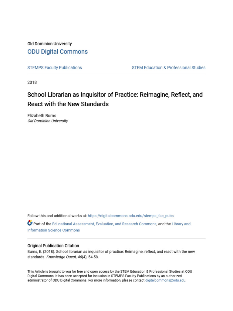 School Librarian As Inquisitor of Practice - Reimagine Reflect A | PDF | School Library | Learning