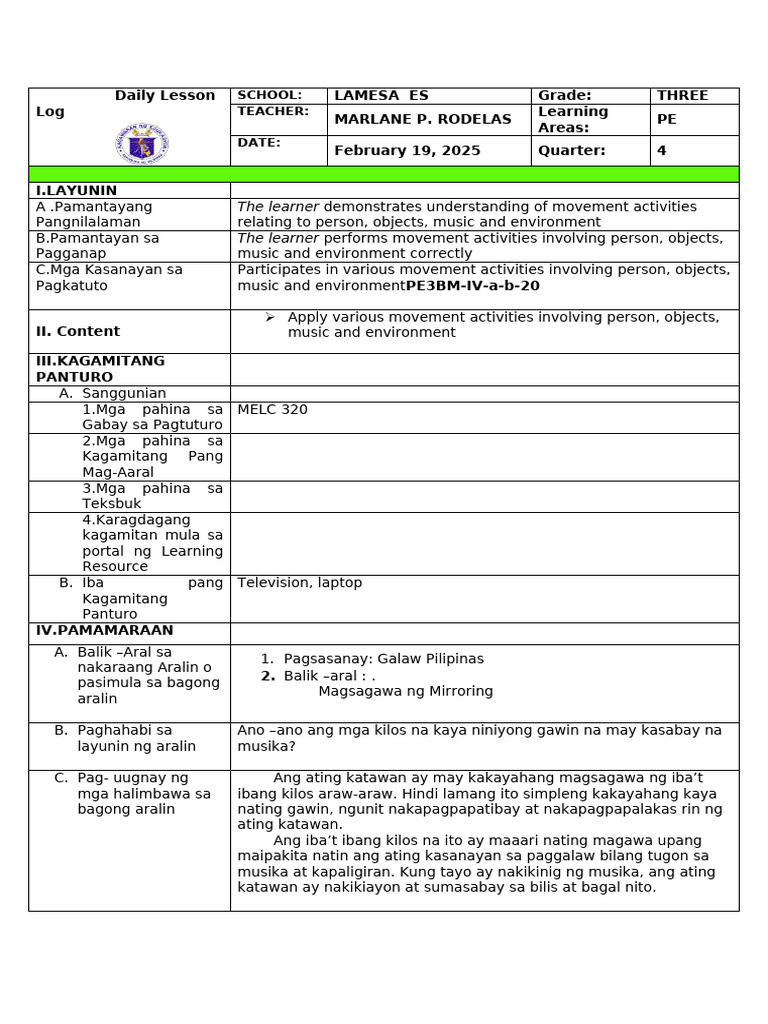 DLL PE 3 Q4 Week 2 | PDF