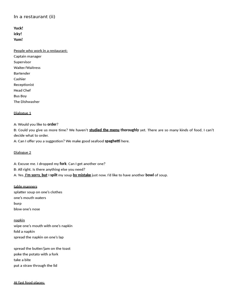 Restaurant Ordering and Etiquette Guide | PDF