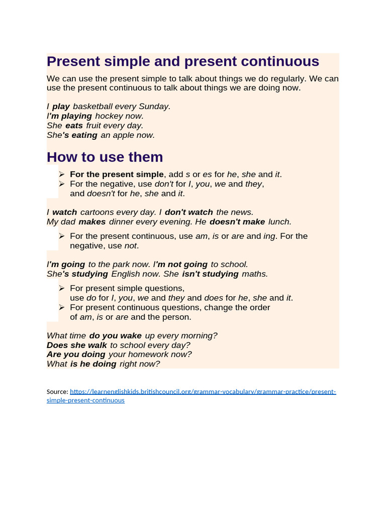 Present Simple vs. Continuous for Kids | PDF