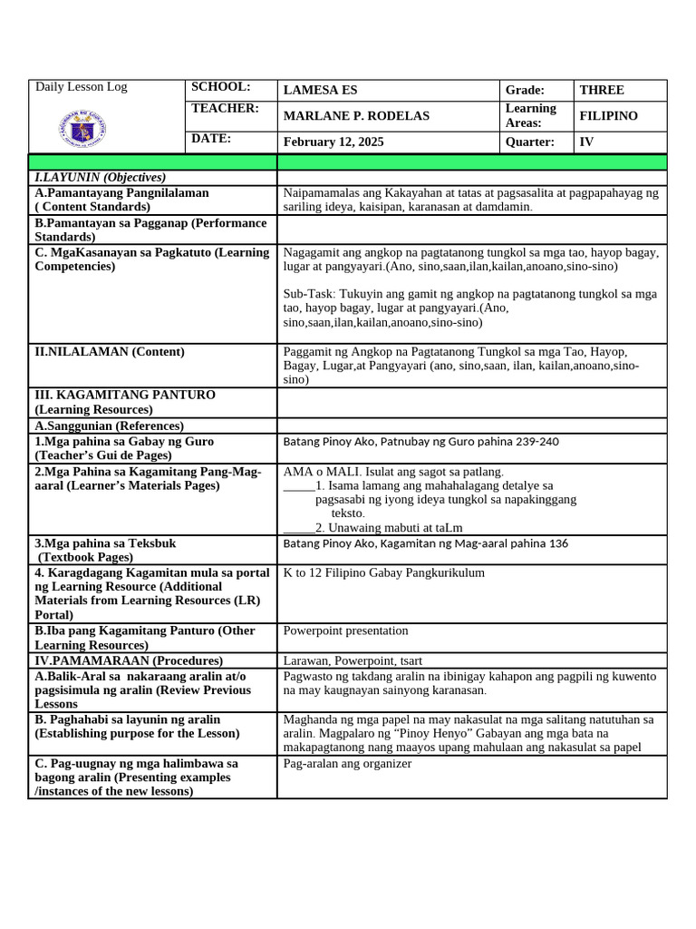 Filipino DLL Q4 WK2 D1 | PDF