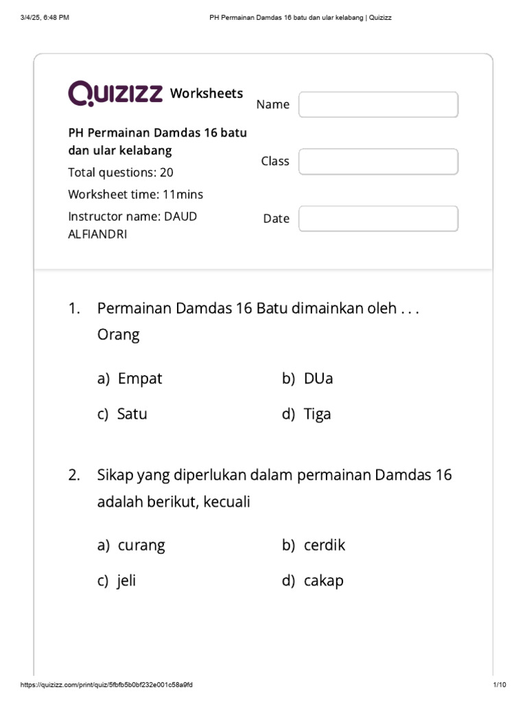 PH Permainan Damdas 16 Batu Dan Ular Kelabang - Quizizz | PDF