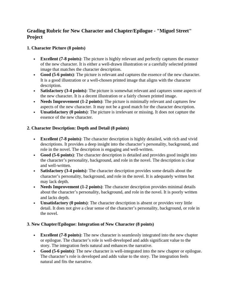 Grading Rubric For New Character and Chapter | PDF