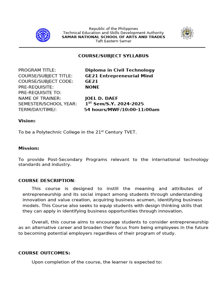 GE21 Entrep - Mind Syllabus - Snsat | PDF | Entrepreneurship | Physical ...