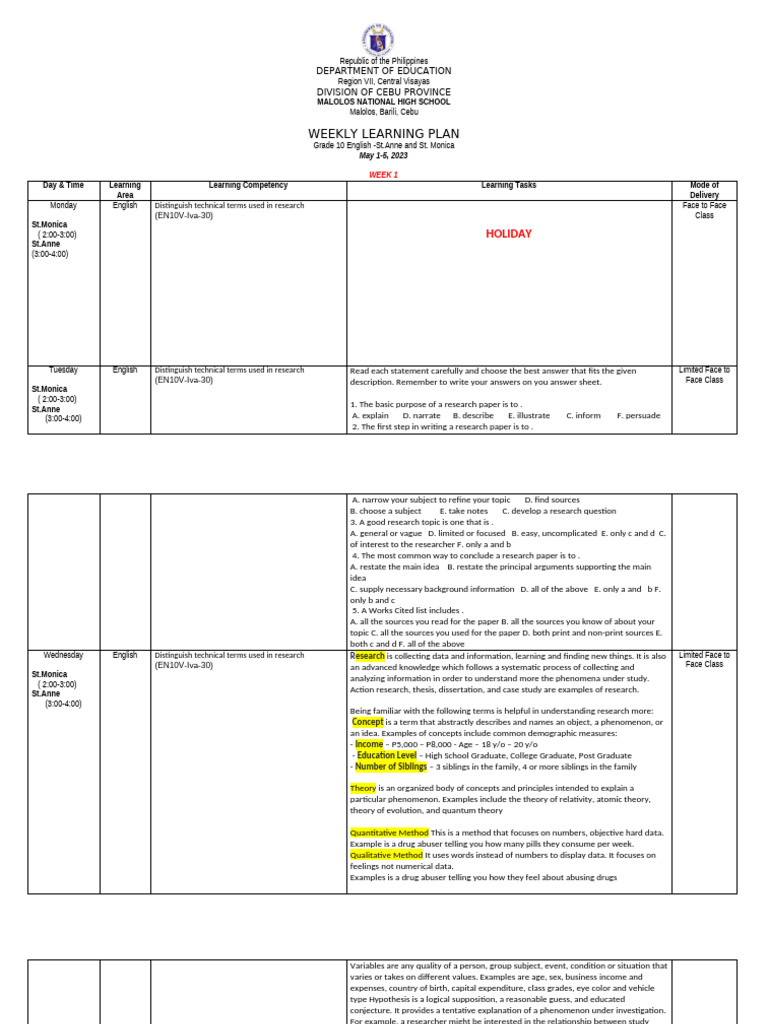 weekly-learning-plan - w1 | PDF | Theatre | Theory