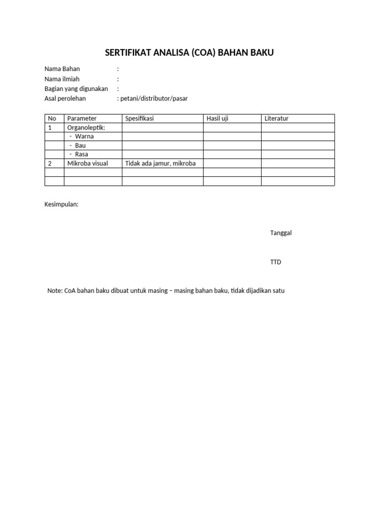 Contoh CoA Bahan Baku | PDF