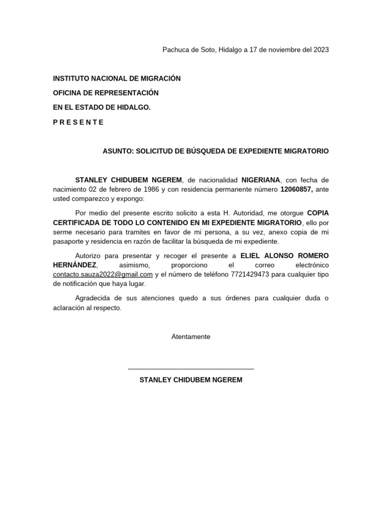 Cartas para Solicitar Expediente Migratorio | PDF