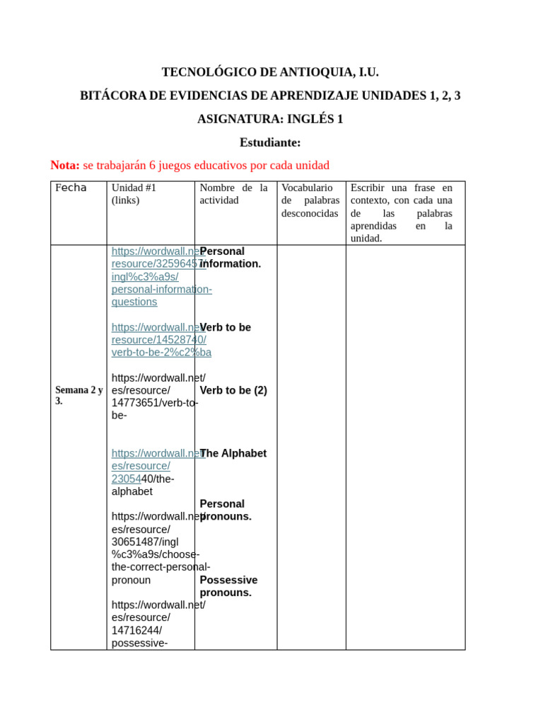 FORMATO CON LINKS, ACTIVIDADES ( UNIT 1,2,3) NIVEL UNO (1) | PDF | Aprendizaje | Cognición