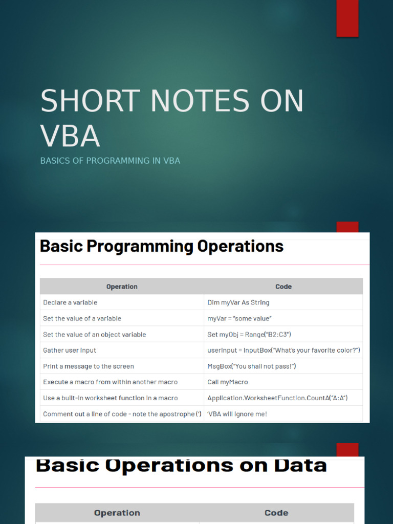 SHORT NOTES ON VBA | PDF