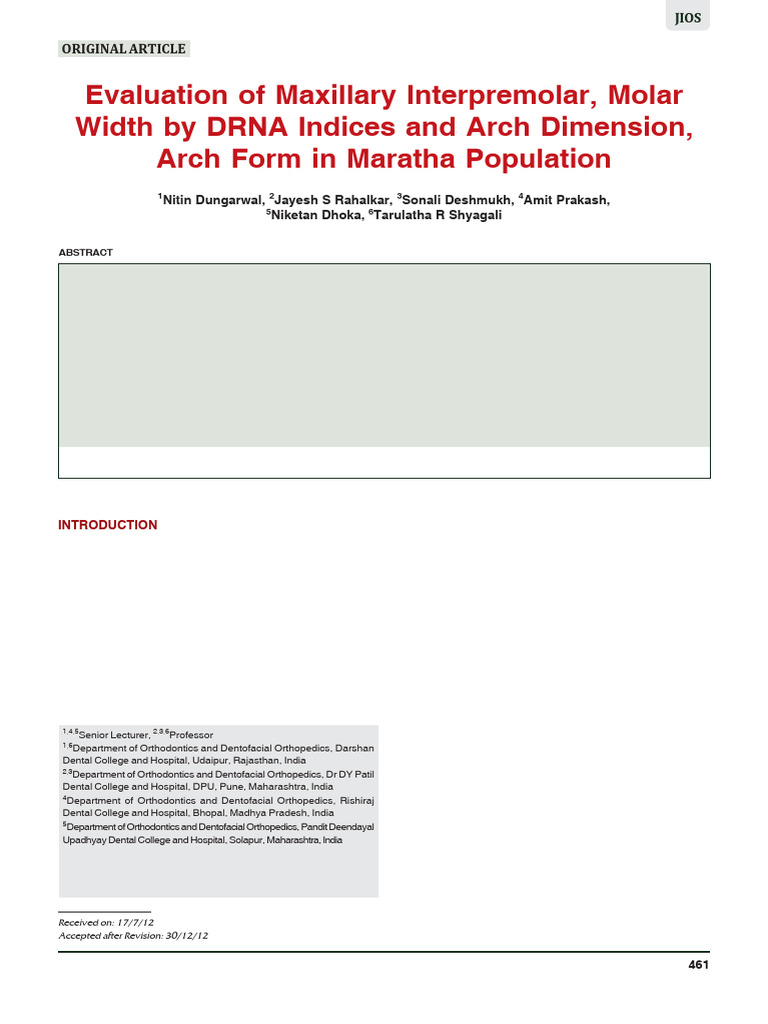 Dungarwal Et Al 2013 Evaluation of Maxillary Interpremolar Molar Width ...