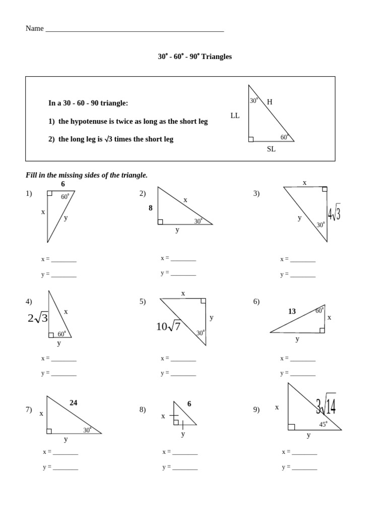 30-60-90 Triangle Practice Worksheet | PDF | Elementary Mathematics ...