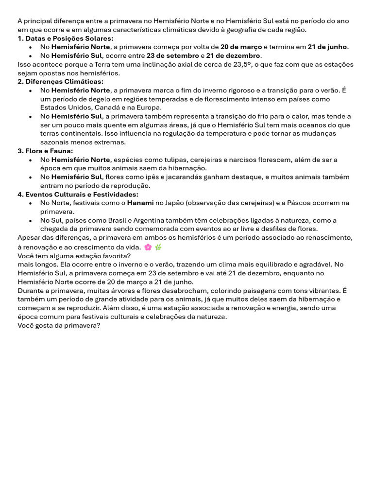 Diferenças da Primavera nos Hemisférios | PDF | Primavera | Inverno