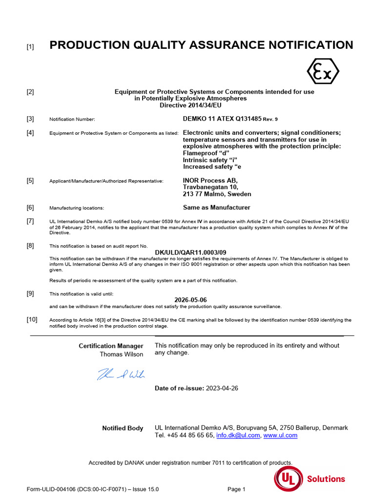 INOR ATEX Production QA Notification en | PDF | Safety