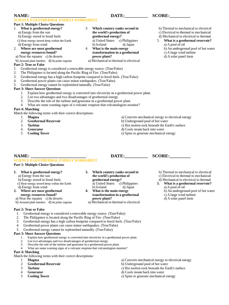 Geothermal Energy Worksheet | PDF | Geothermal Energy | Power Station