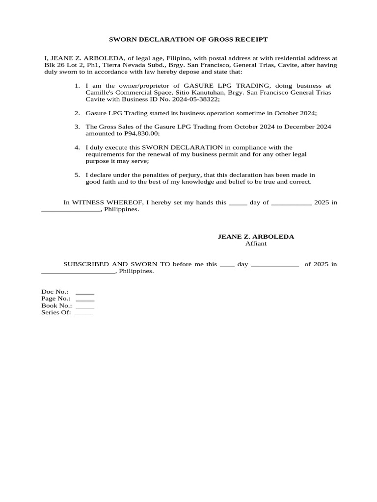 Sworn Decleration of Gross Receipt 2024 | PDF