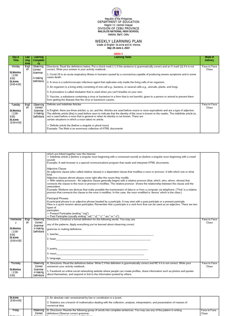 Weekly-Learning-Plan - w5 | PDF | Pronoun | Adjective